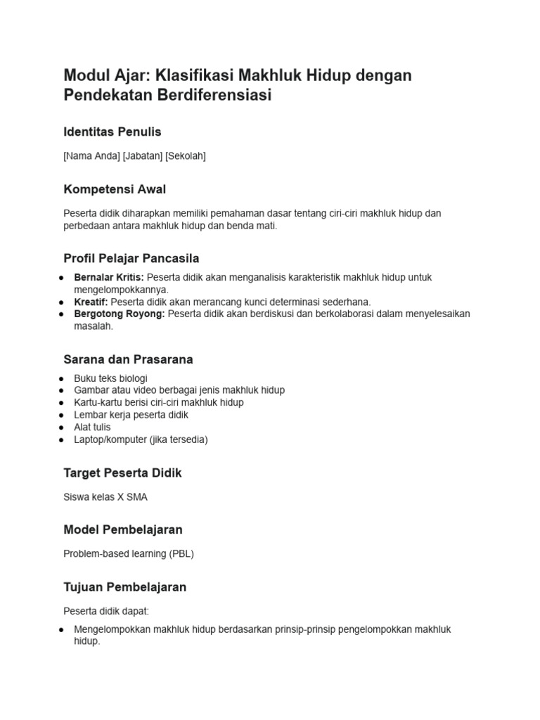 Modul Ajar - Klasifikasi Makhluk Hidup Dengan Pendekatan Berdiferensiasi | PDF