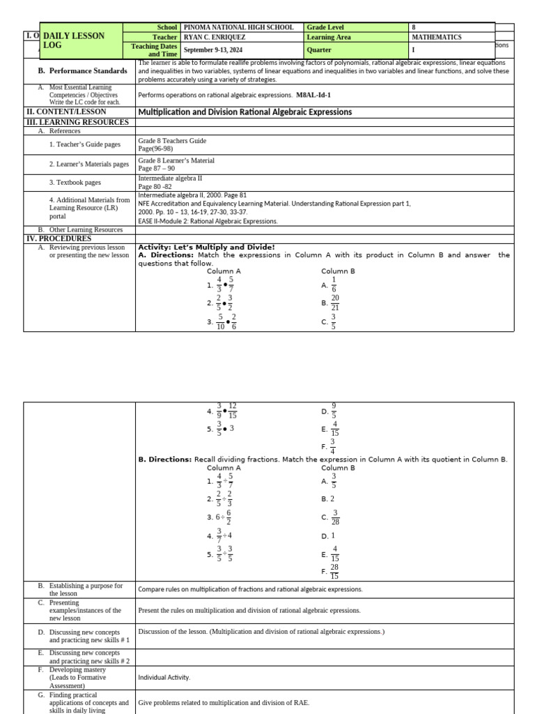 Grade 8 Quarter I Week 7 DLL | PDF | Equations | Algebra