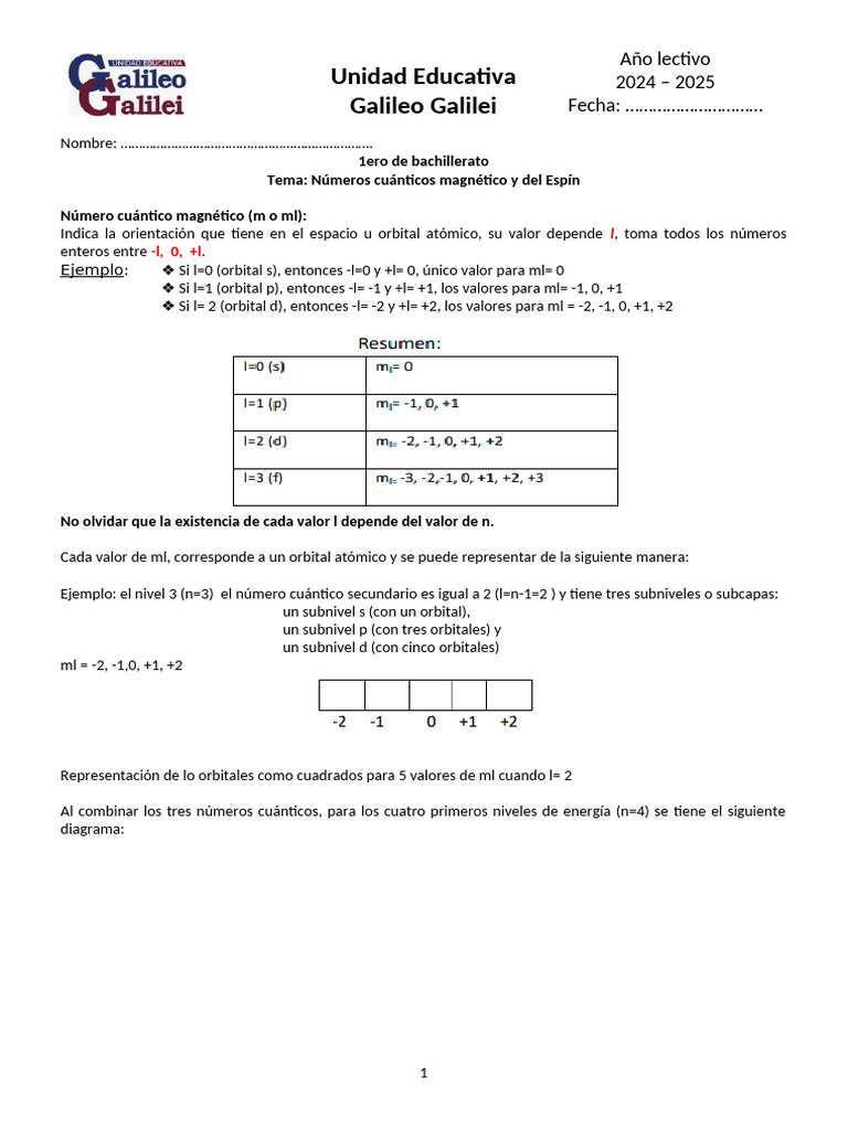 1ero Números Cuánticos. Magnético y Espín | PDF | Configuración ...