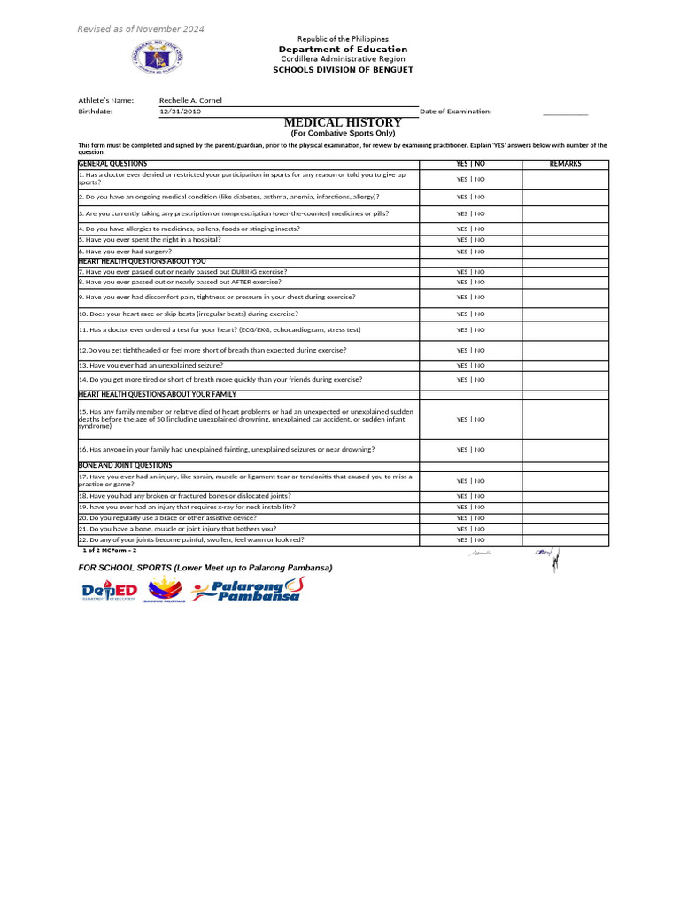 Athlete Medical History Form for Sports | PDF | Human Diseases And ...