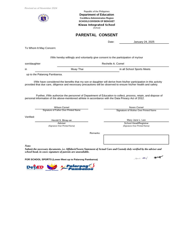 Parental Consent for Palarong Pambansa 2025 | PDF