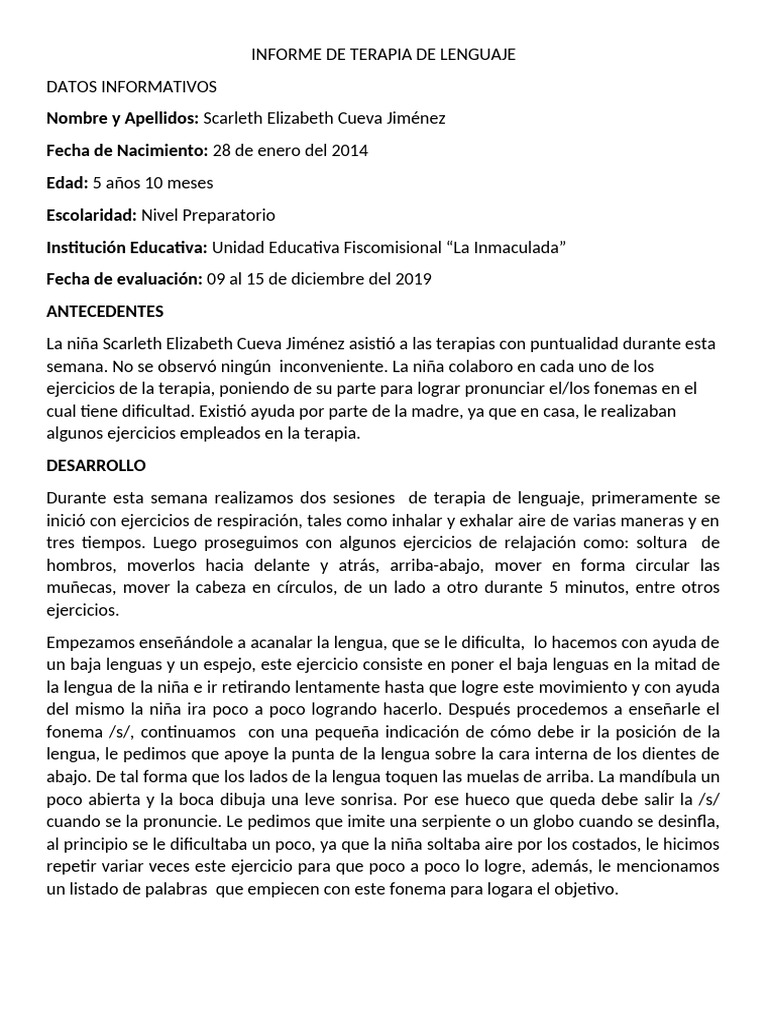 Modelo de Informe Terapia de Lenguaje | PDF