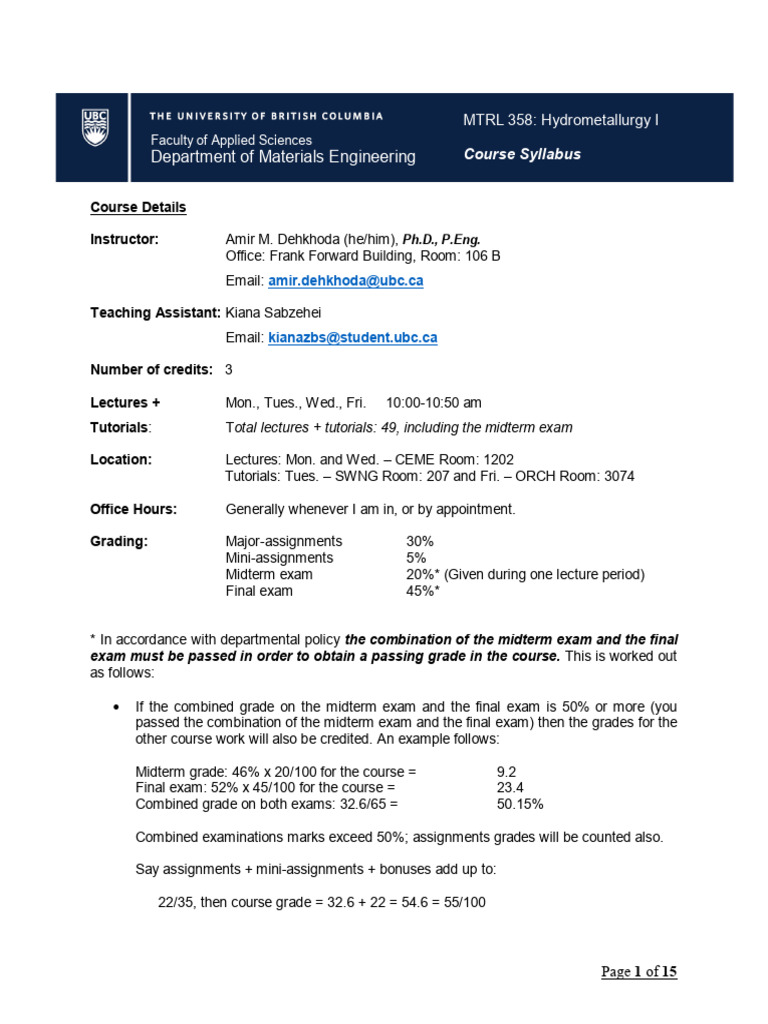 MTRL 358 Syllabus - 2024W1-2 | PDF | Physical Chemistry | Chemistry