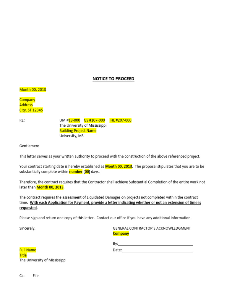 Notice to Proceed for Construction Project | PDF