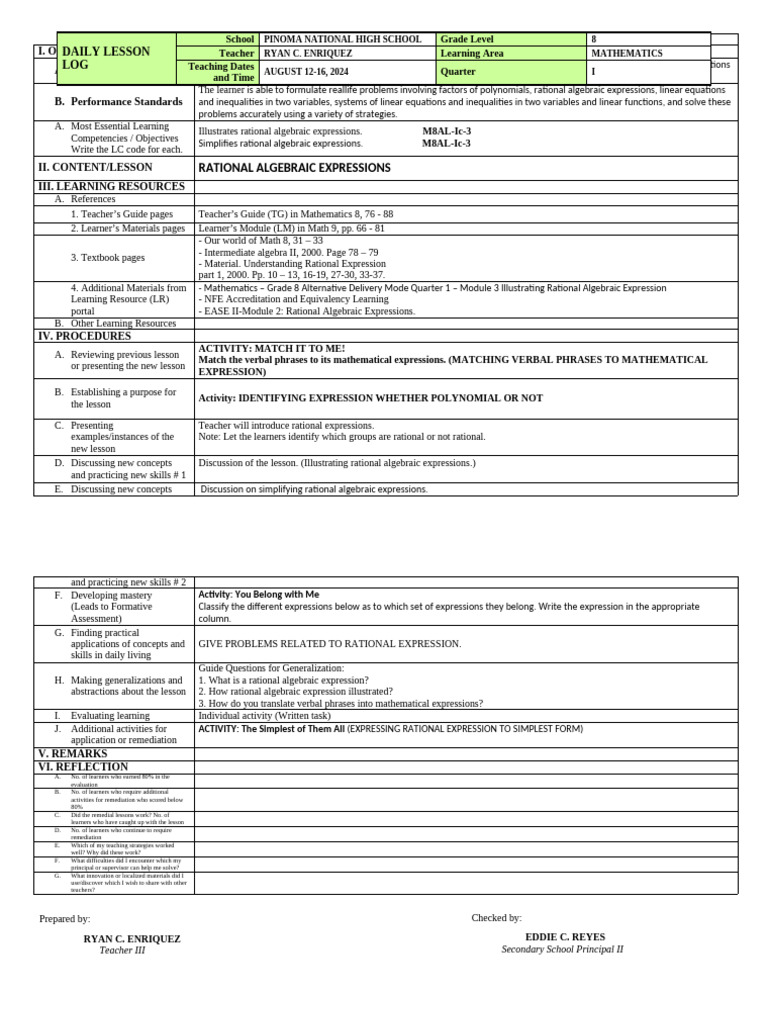 Grade 8 Quarter I Week 3 DLL | PDF | Equations | Mathematics