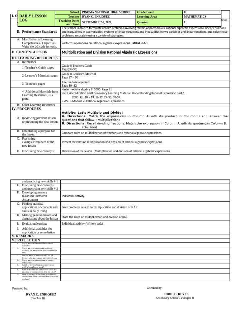 Grade 8 Quarter I Week 6 DLL | PDF | Equations | Algebra