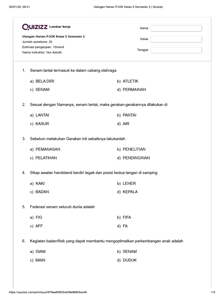 Ulangan Harian PJOK Kelas 5 Semester 2 - Quizizz | PDF