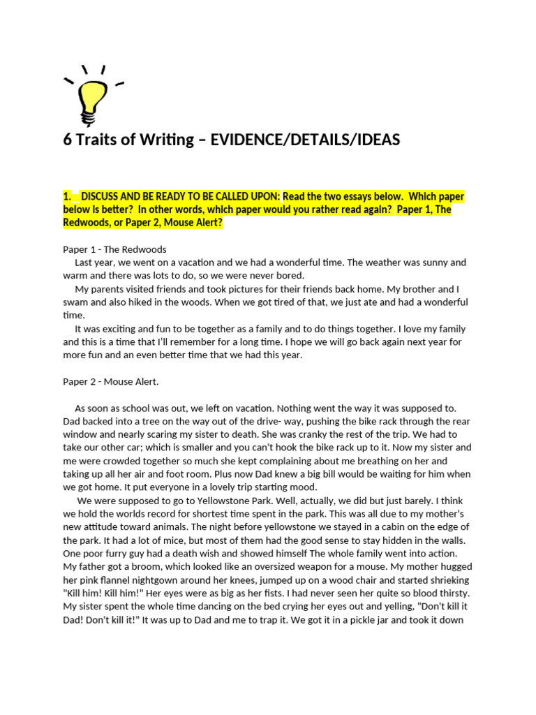 6 Traits of Writing IDEAS LESSON PLAN | PDF | Sharks
