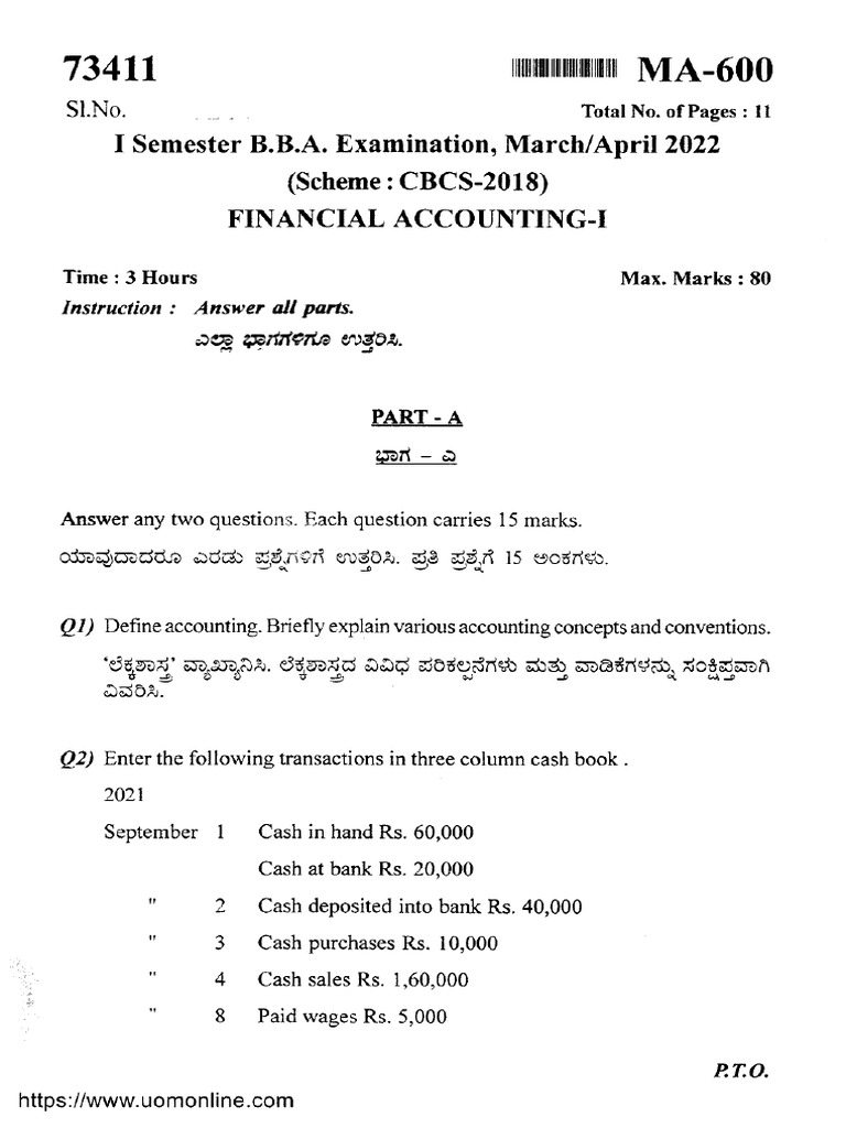 Bba 1 Sem Financial Accounting 1 Ma 600 Apr 2022 | PDF