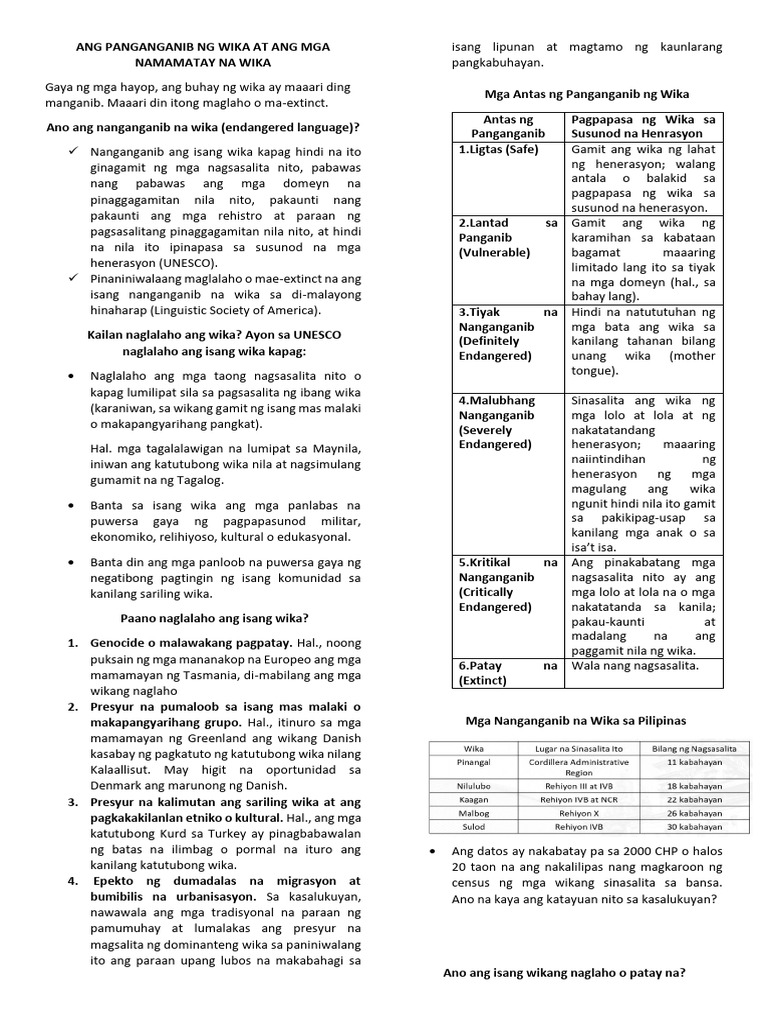 Nanganganib Na Wika Outline | PDF