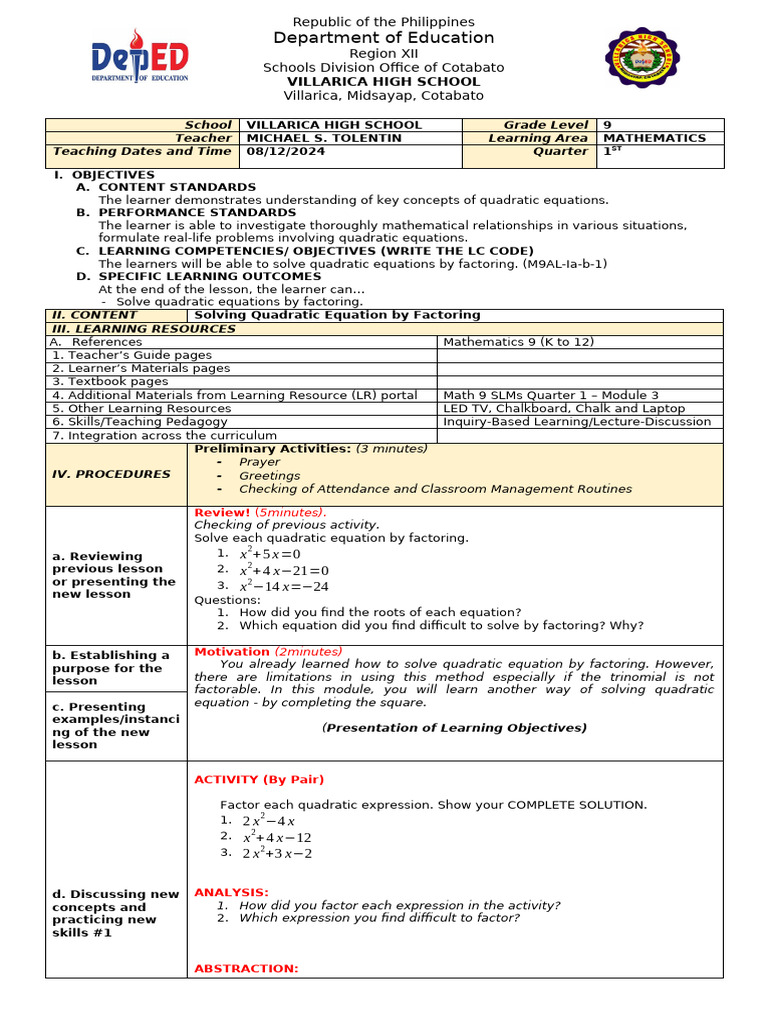 Teaching Quadratic Equations in Grade 9 | PDF | Learning | Teachers
