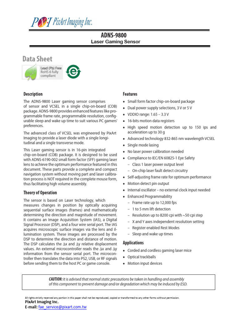 ADNS-9800 Laser Sensor Data Sheet | PDF | Printed Circuit Board | Laser
