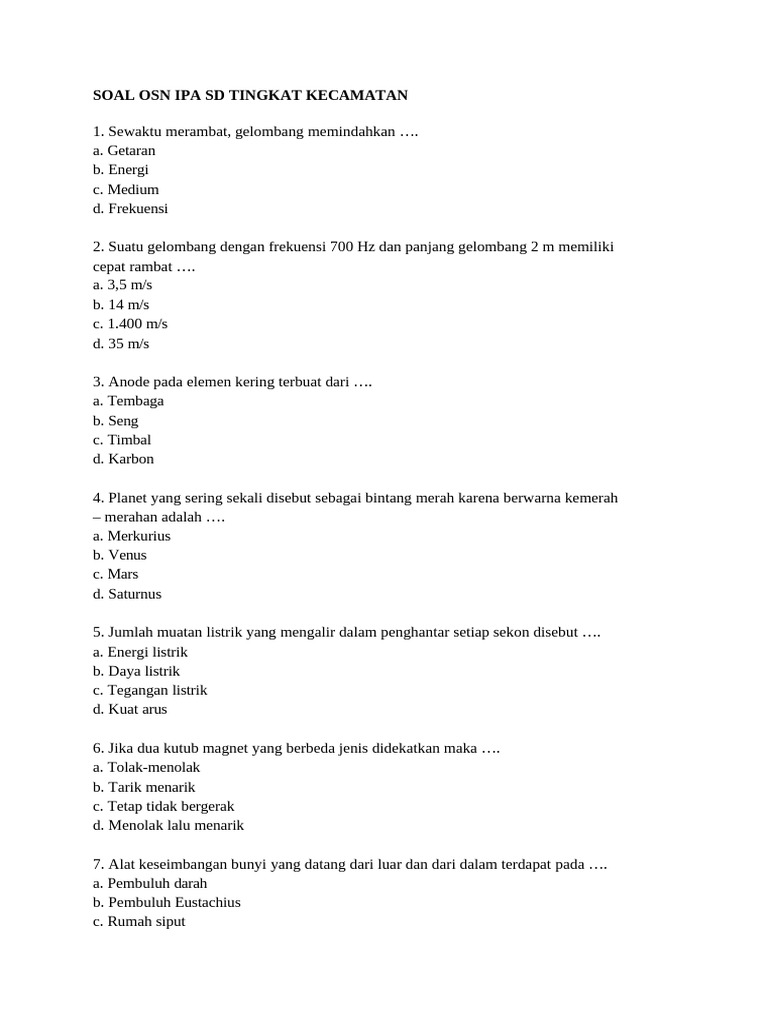 Soal OSN IPA SD Tingkat Kabupaten Kota | PDF