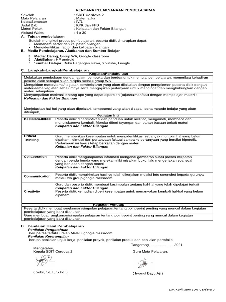 Format RPP 1 Lembar Matematika | PDF