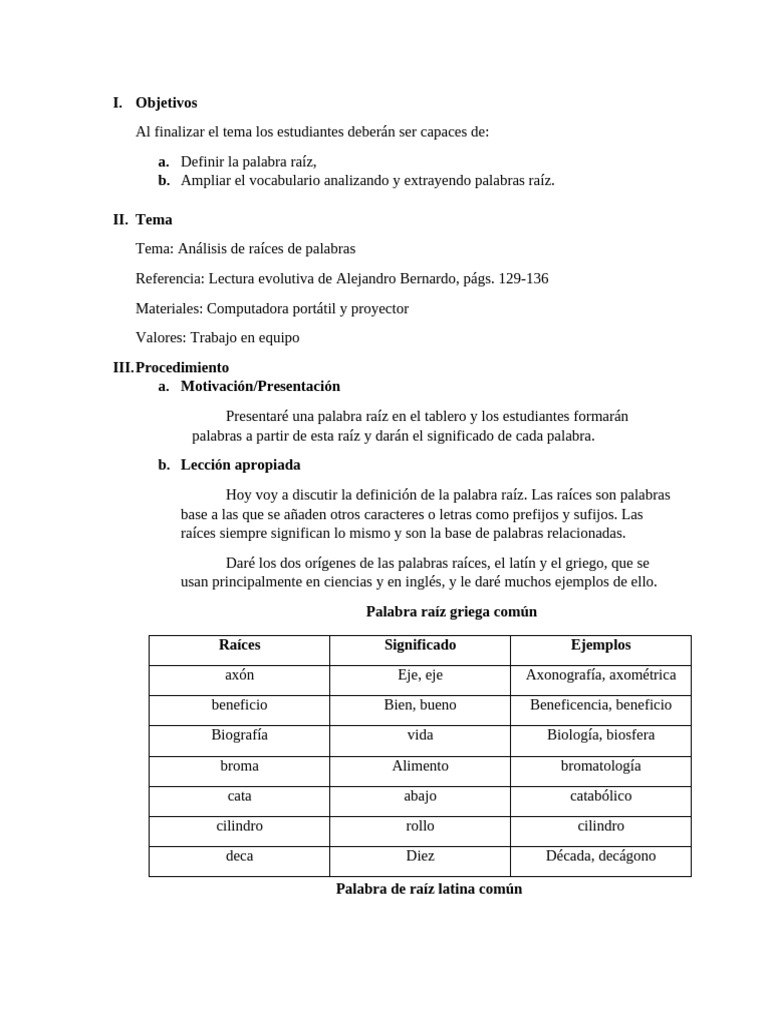 Palabra Raíz. (Plan de Lección) | PDF | Palabra | Lingüística