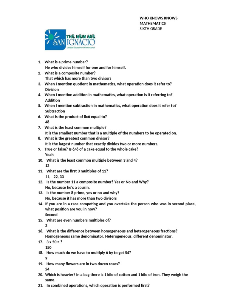 Math Questions 6th Grade | PDF | Division (Mathematics) | Numbers