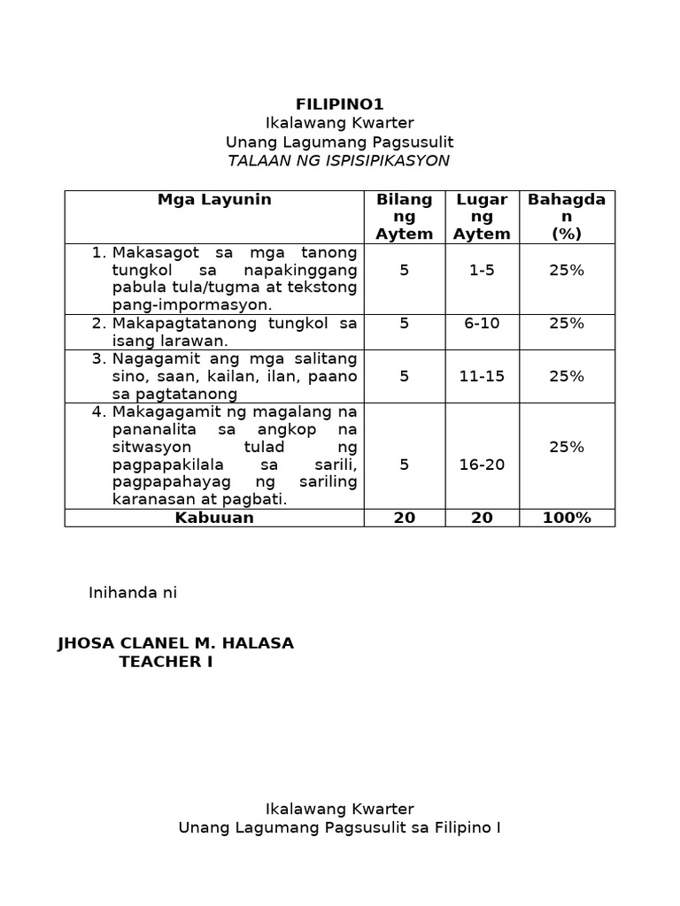Unang Lagumang Pagsusulit Q2 Filipino1 | PDF