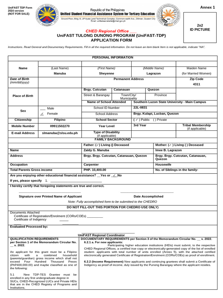 UniFAST Tulong Dunong Application Form | PDF