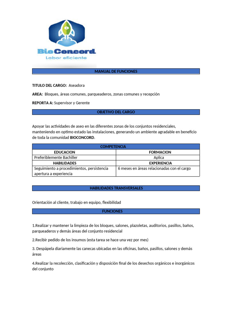 Manual de Funciones Aseadora | PDF