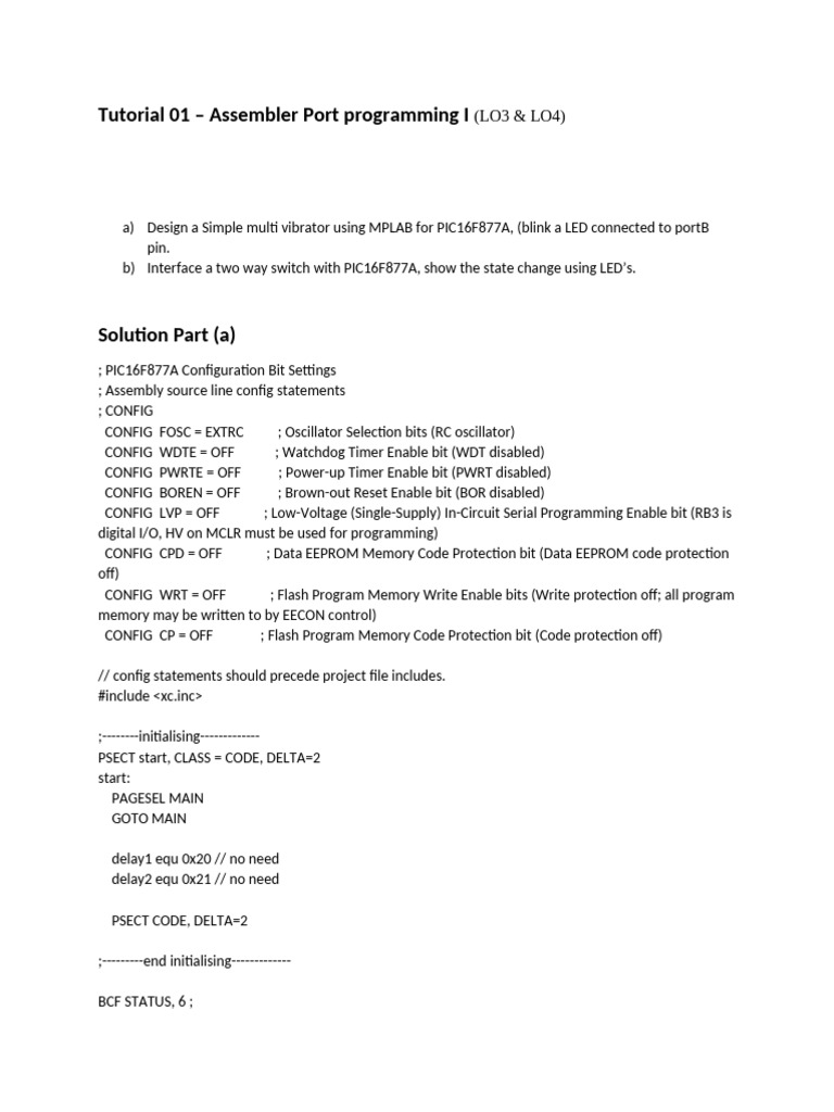 Tutorial 01 - Assembler Port Programming - (LO3 & LO4) | PDF ...