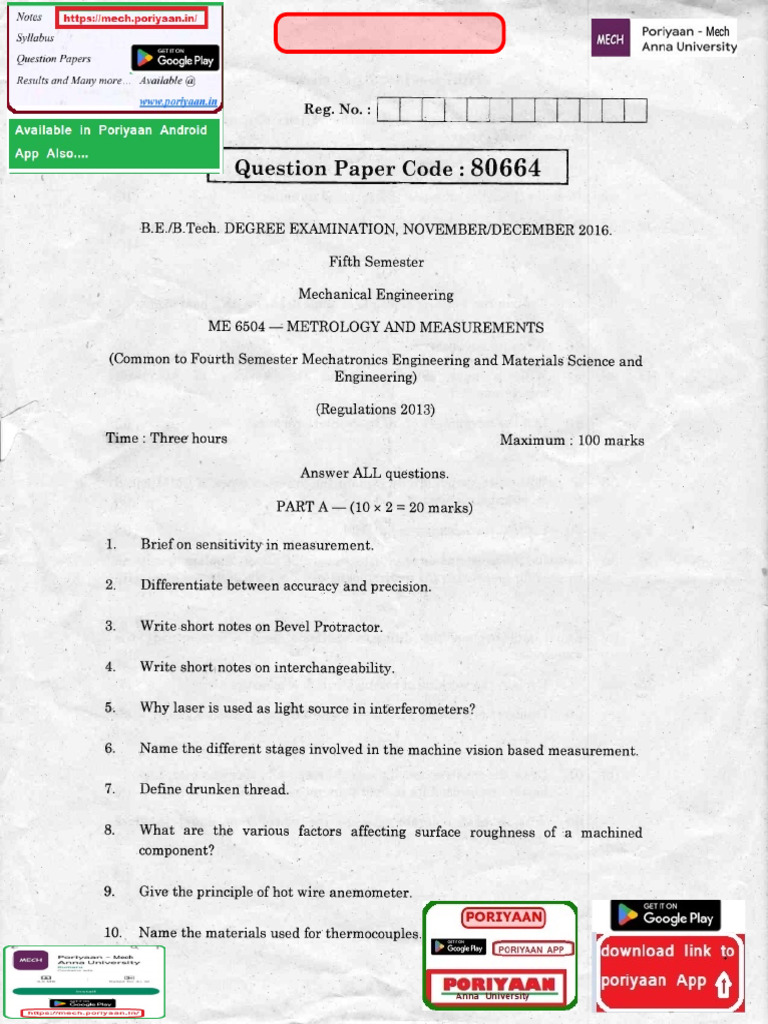 Metrology and Measurements Exam Paper | PDF | Engineering | Thermometer