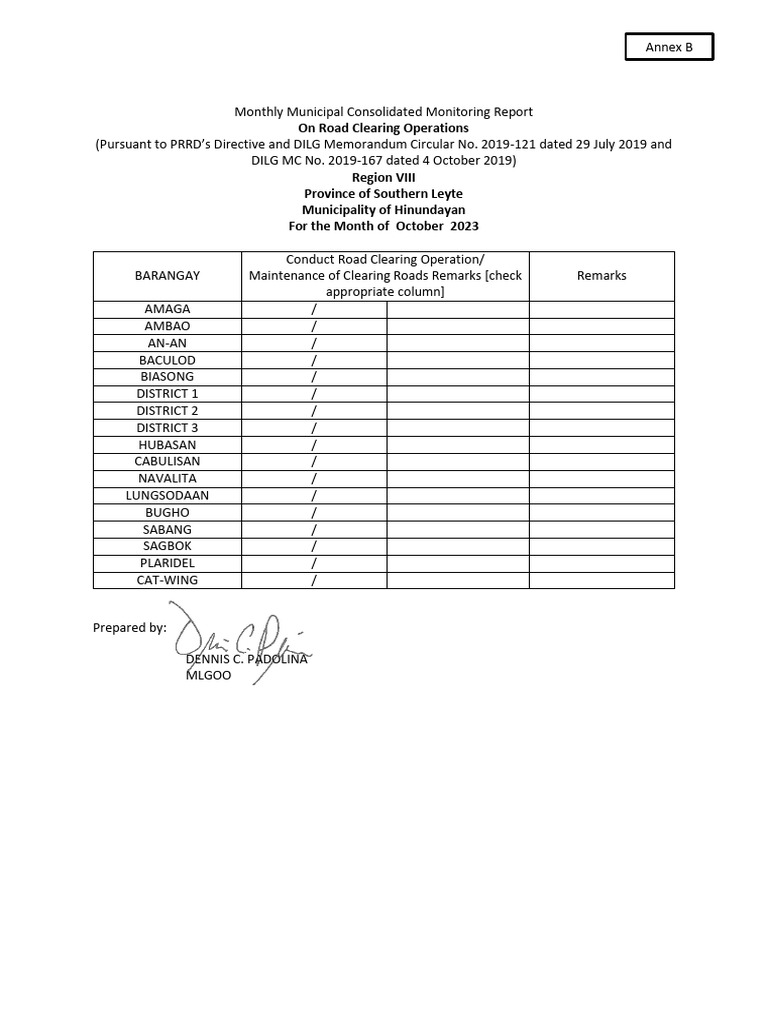 Monthly Road Clearing Report - Hinundayan | PDF
