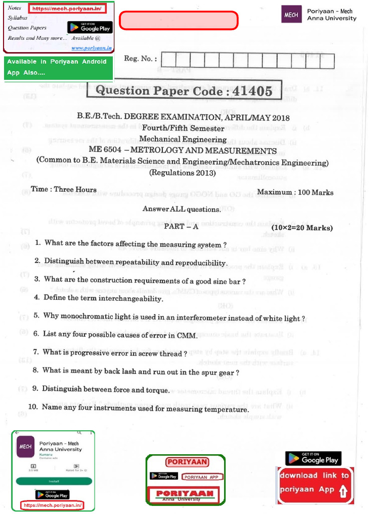 ME3592 Metrology and Measurements Reg 2021 April May 2018 Question ...