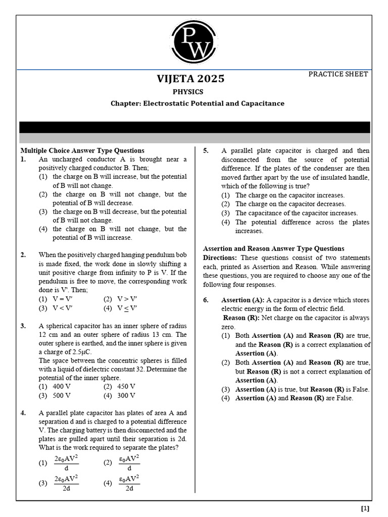 Electrostatic Potential and Capacitance - Practice Sheet - Vijeta 2025 | PDF | Capacitance ...