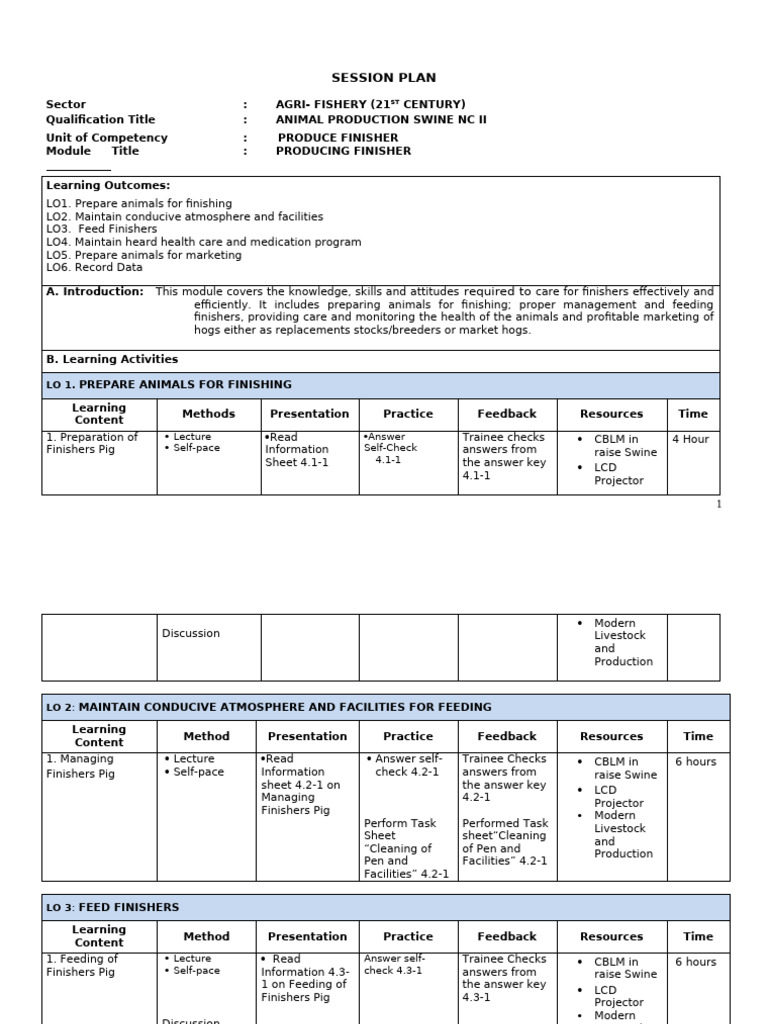 DDN AGRI CORE 4 SWINE NCII Session plan - Copy | PDF | Pig