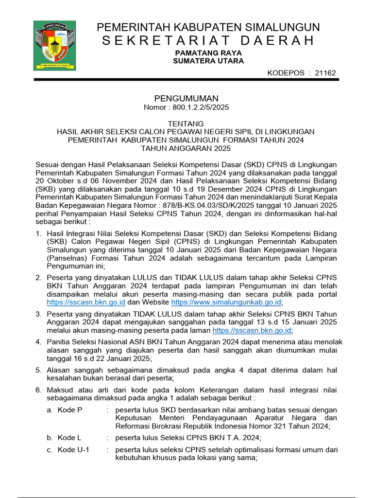 Pengumuman Hasil Integrasi SKD SKB Seleksi Cpns Kab. Simalungun Formasi Tahun 2024 Lampiran | PDF
