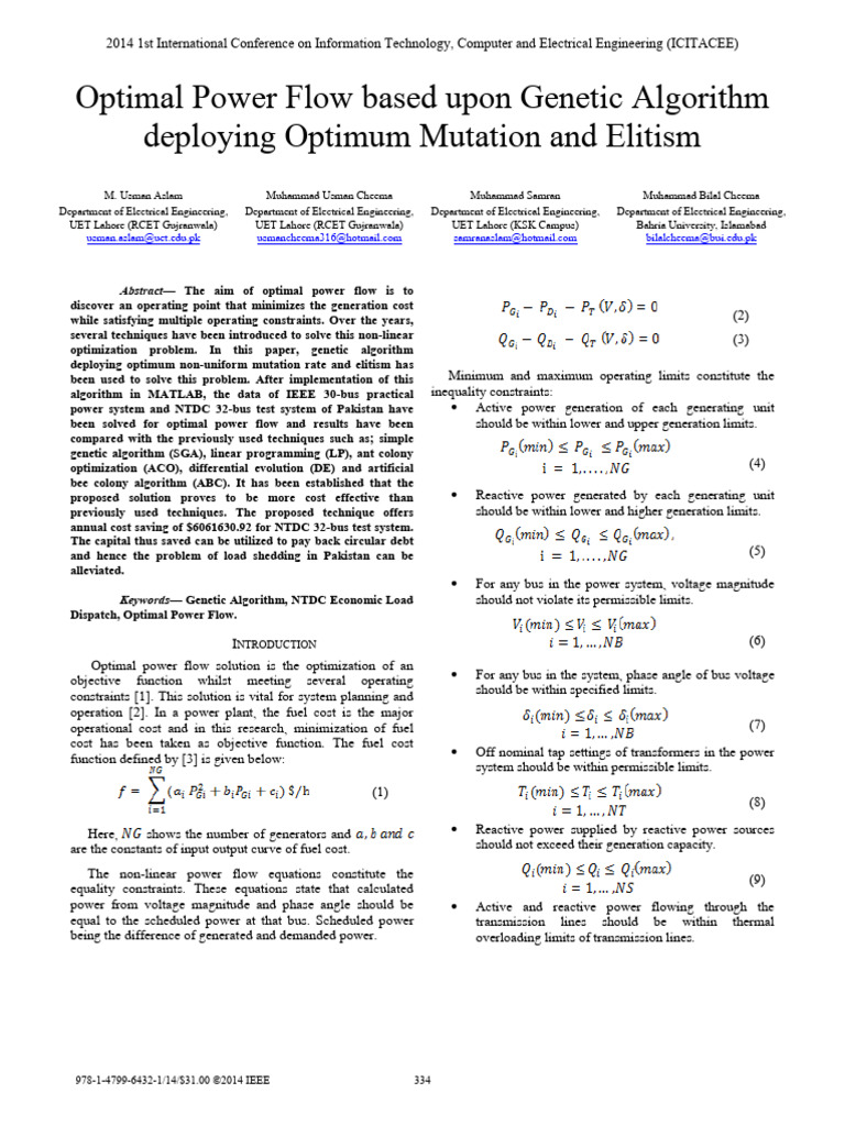 Optimal Power Flow Based Upon Genetic Algorithm Deploying Optimum Mutation and Elitism | PDF ...