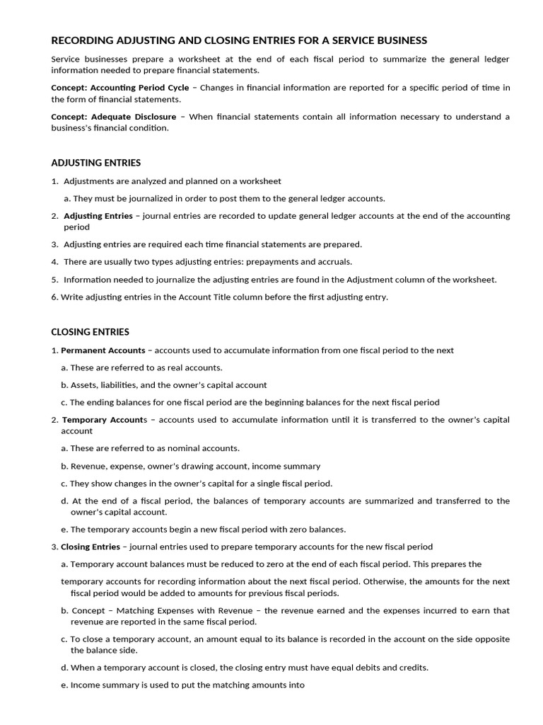 Recording Adjusting and Closing Entries For A Service Business | PDF ...
