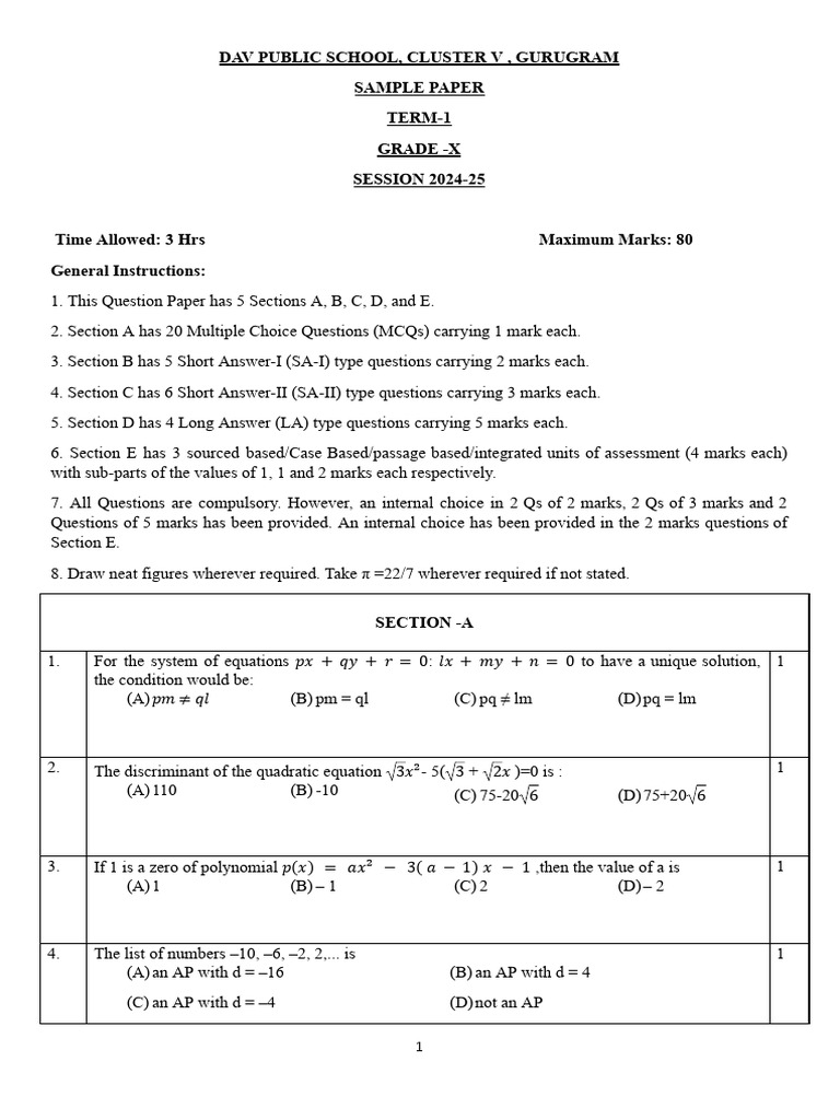 Sample Paper - Class X 2024-25 | PDF | Zero Of A Function | Polynomial