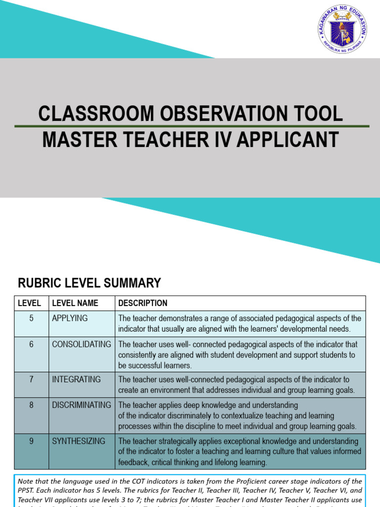 COT Rubric Master Teacher IV | PDF | Educational Assessment | Learning