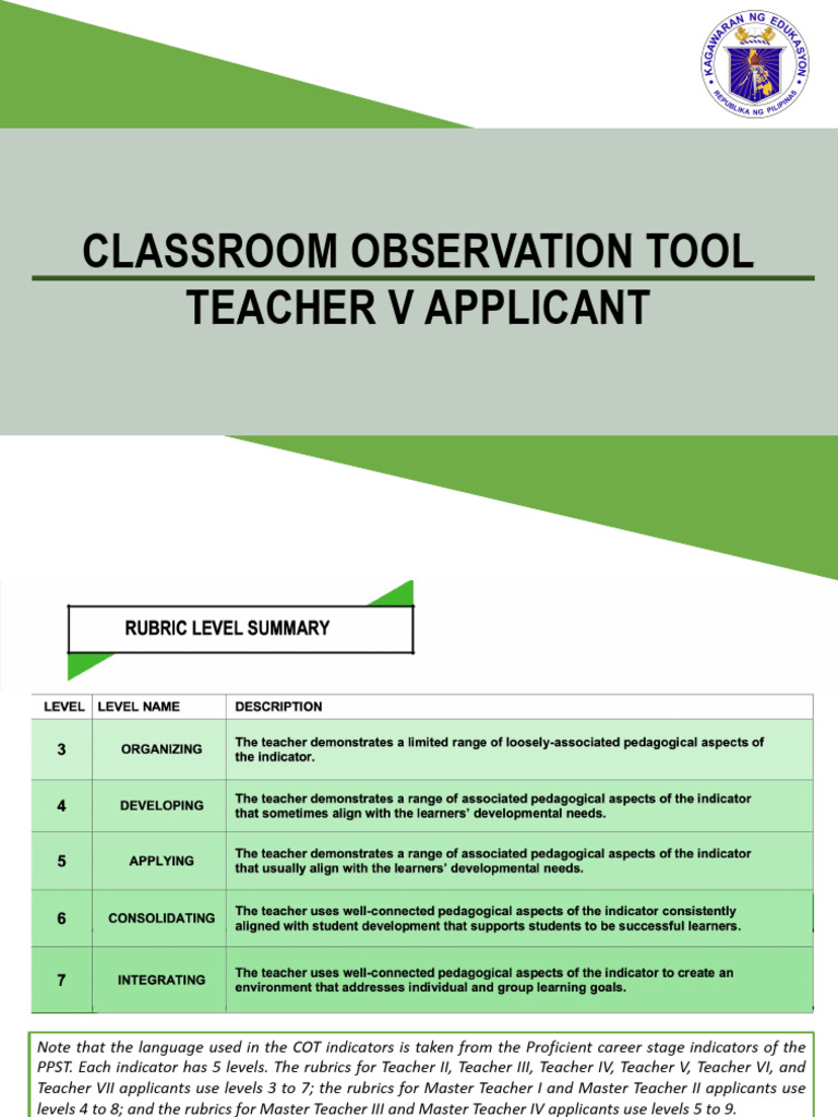 COT Rubric Teacher V | PDF | Learning | Teachers