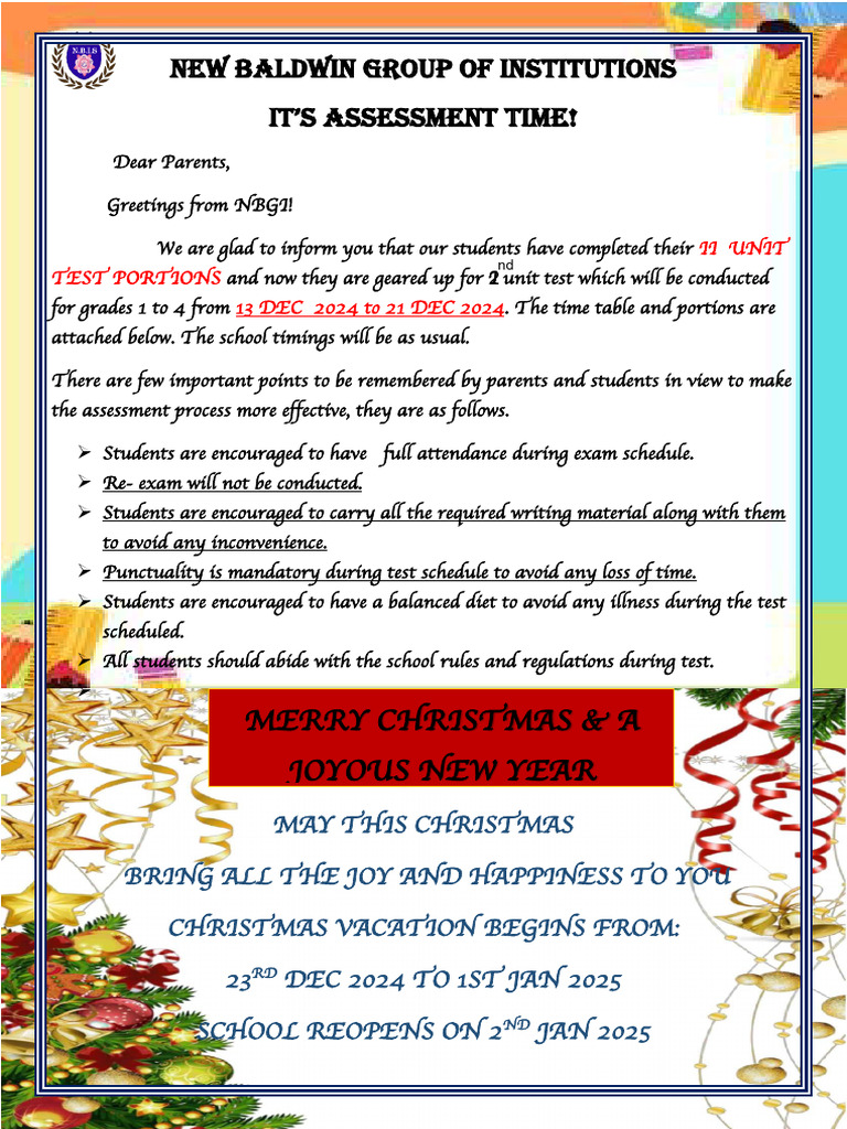 NBGI Grade 3 Unit Test Schedule 2024 | PDF