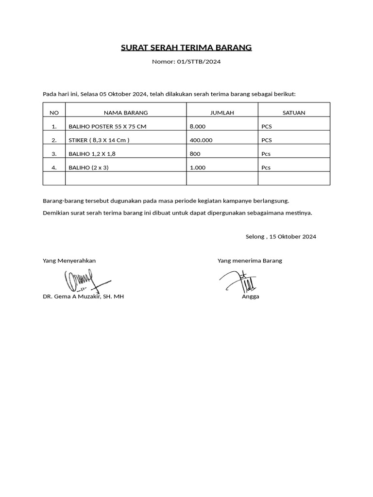 Surat Serah Terima Barang Kampanye 2024 | PDF