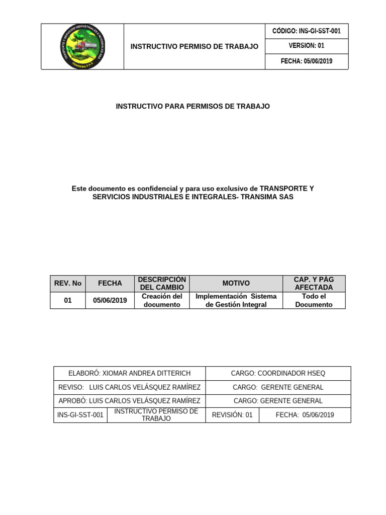 INS-GI-SST-001 V°1 Instructivo de Permiso de Trabajo | PDF | Riesgo | Sistema