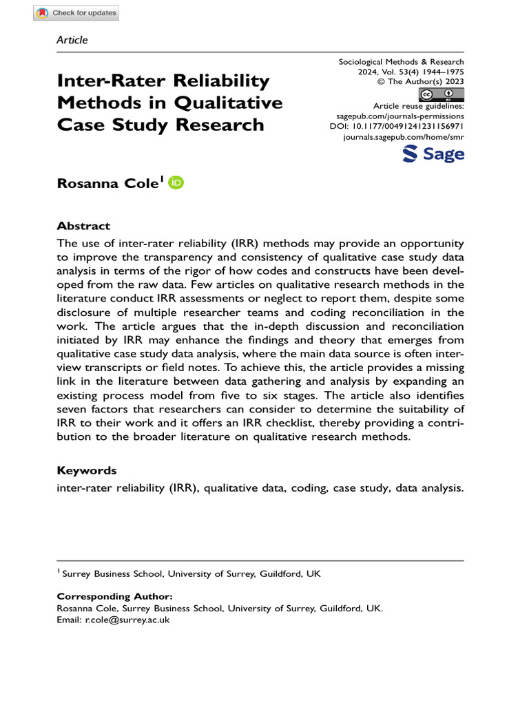 Cole 2023 Inter Rater Reliability Methods in Qualitative Case Study ...