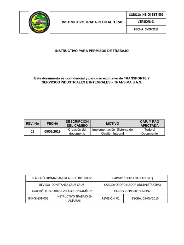 INS-GI-SST-002 V°1 Instructivo para trabajo seguro en alturas | PDF ...