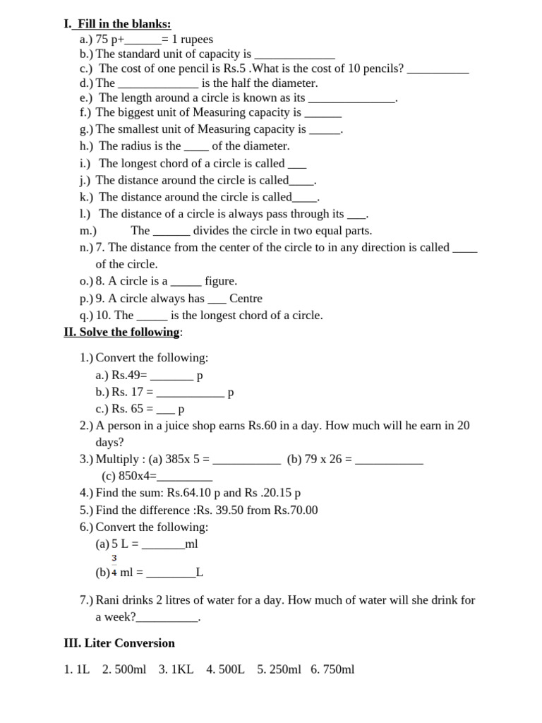 Math Overall Revision Worksheet | PDF | Circle | Litre