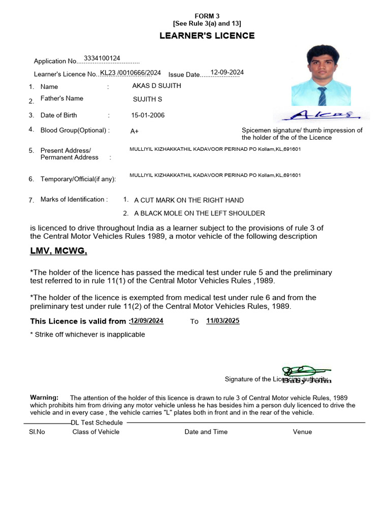 Learner's Licence Form 3 Details | PDF | Vehicles | Driving