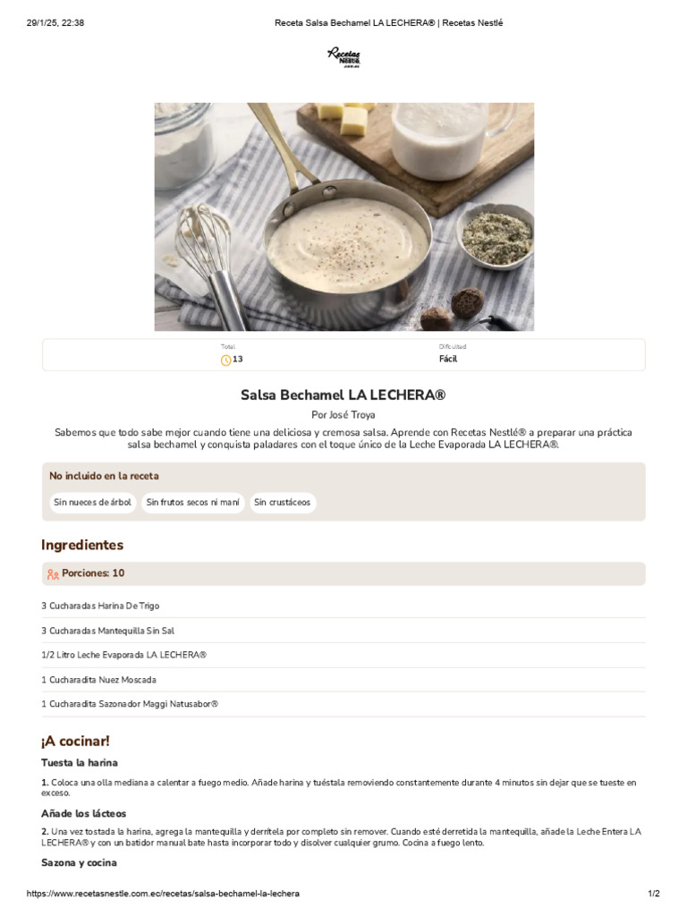 Receta Salsa Bechamel LA LECHERA® - Recetas Nestlé | PDF | Salsa | Alimentos