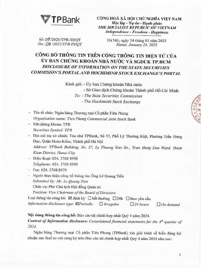 TPB - BCTC Hop Nhat Q4.2024 Kem Giai Trinh Chenh Lech LNST - VI | PDF