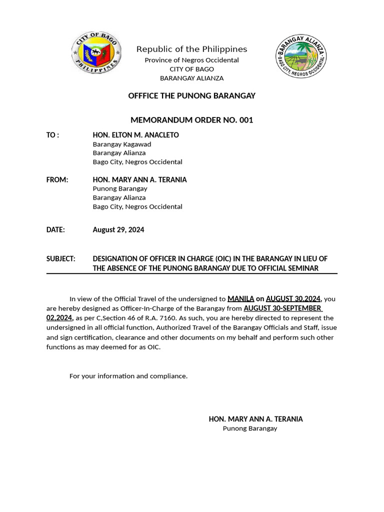 Designation of OIC for Barangay Alianza | PDF