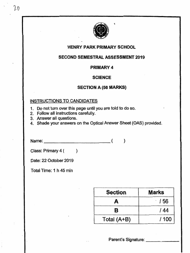 01 P4 Science SA2 2019 Henry Park Exam Papers Printed | PDF