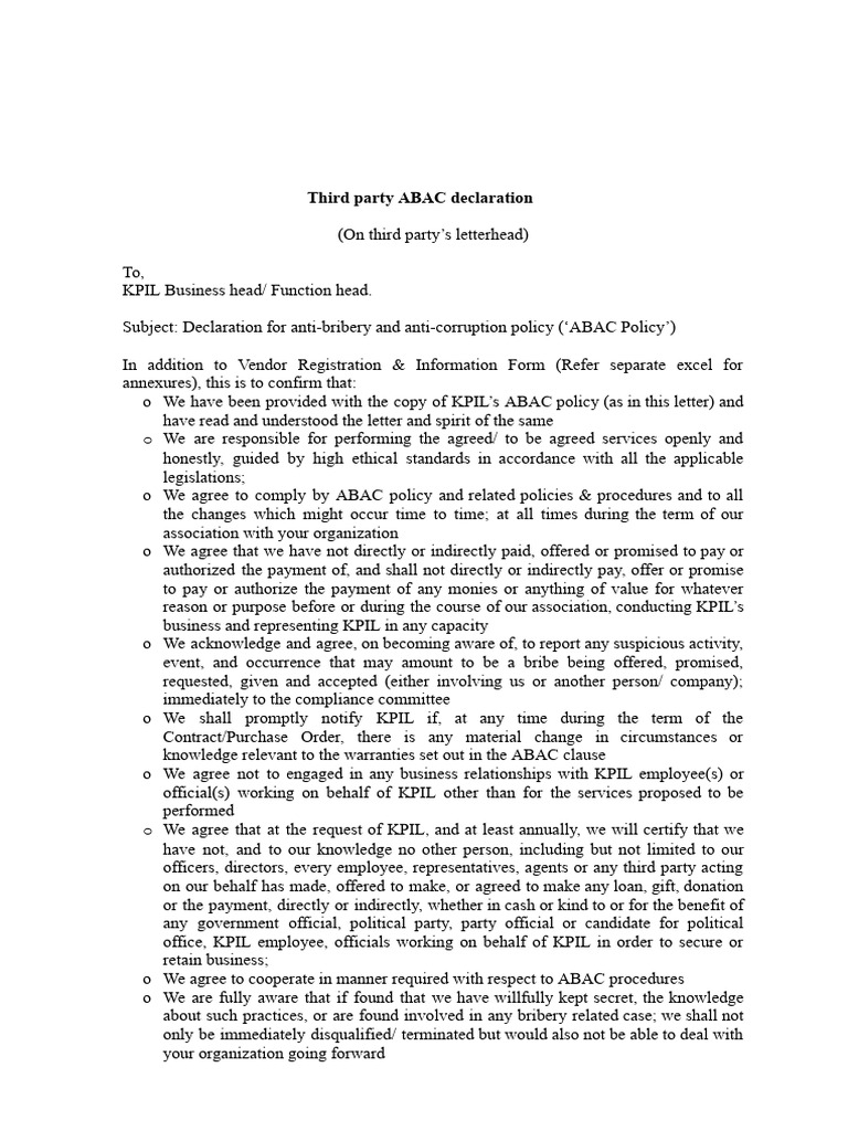 ABAC Compliance Declaration | PDF | Business Law | Private Law