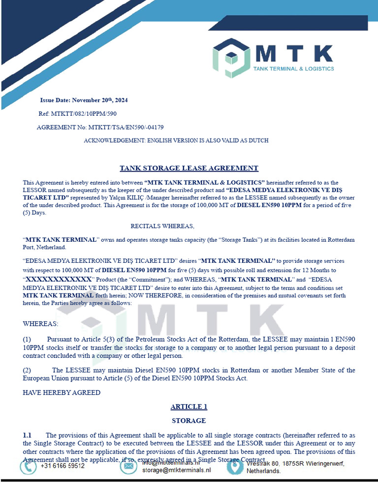 Edesa-Mtk Tank Storage Agreement - Diesel En590 10ppm | PDF | Lease ...