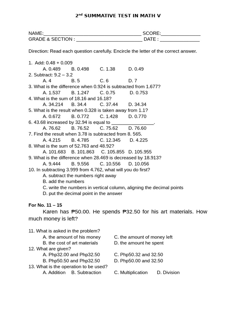 2nd SUMMATIVE TEST IN MATH V | PDF | Summation | Arithmetic