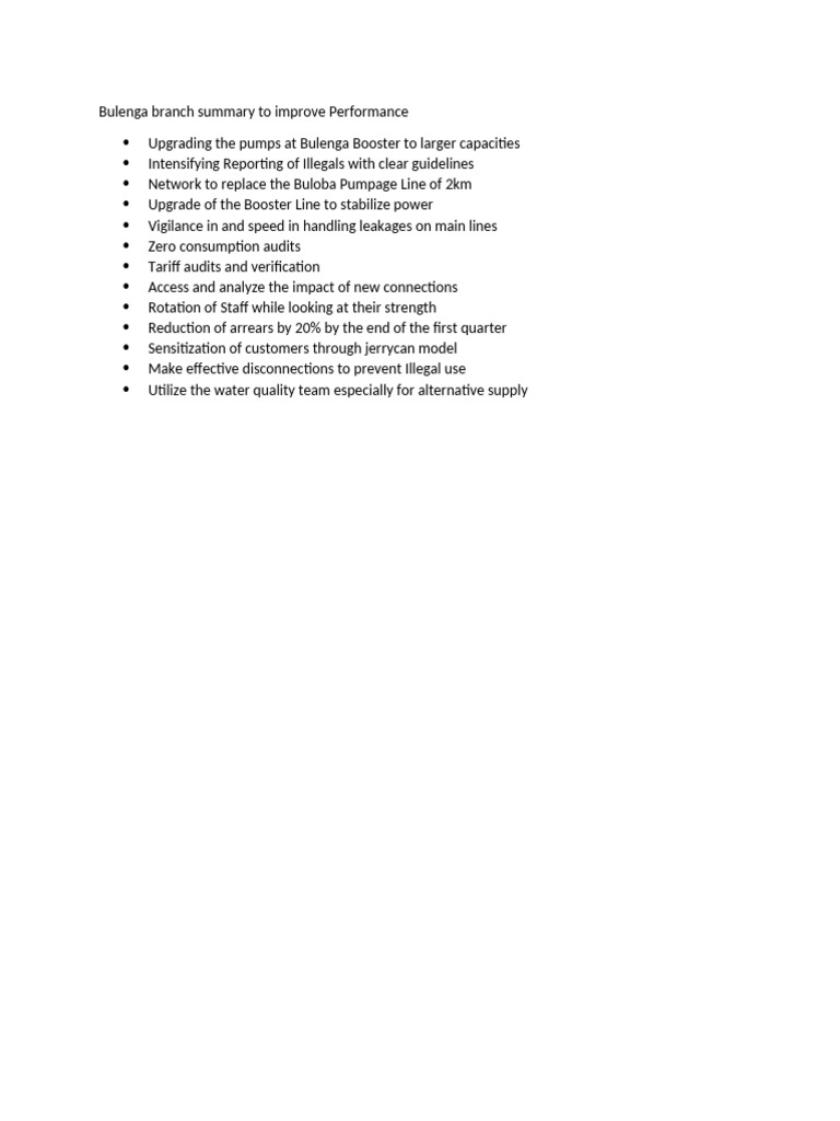 Bulenga Branch Summary To Improve Performance | PDF